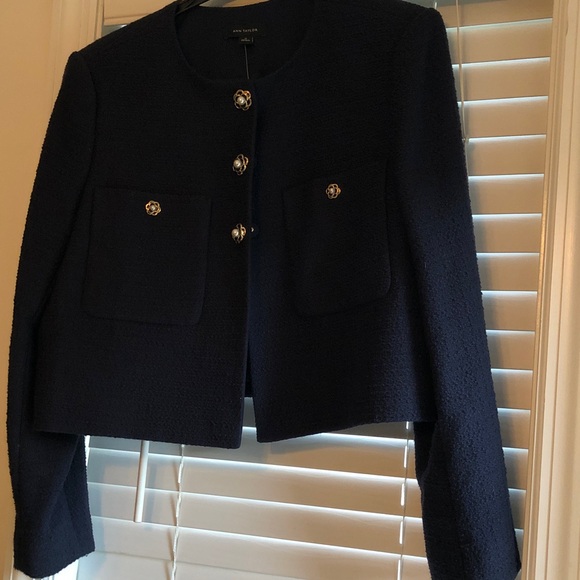 Ann Taylor | Jackets & Coats | Nwt Tweed Cropped Jacket Navy With Pearl ...